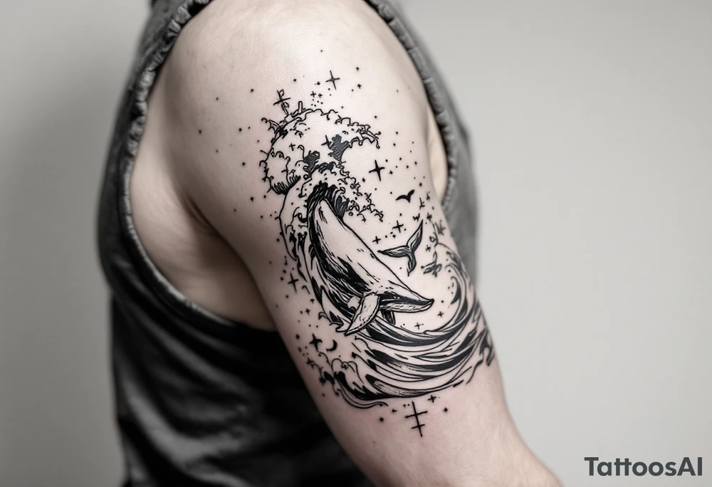 Fine line powerful ocean half sleeve with a wave, a whale and other ...