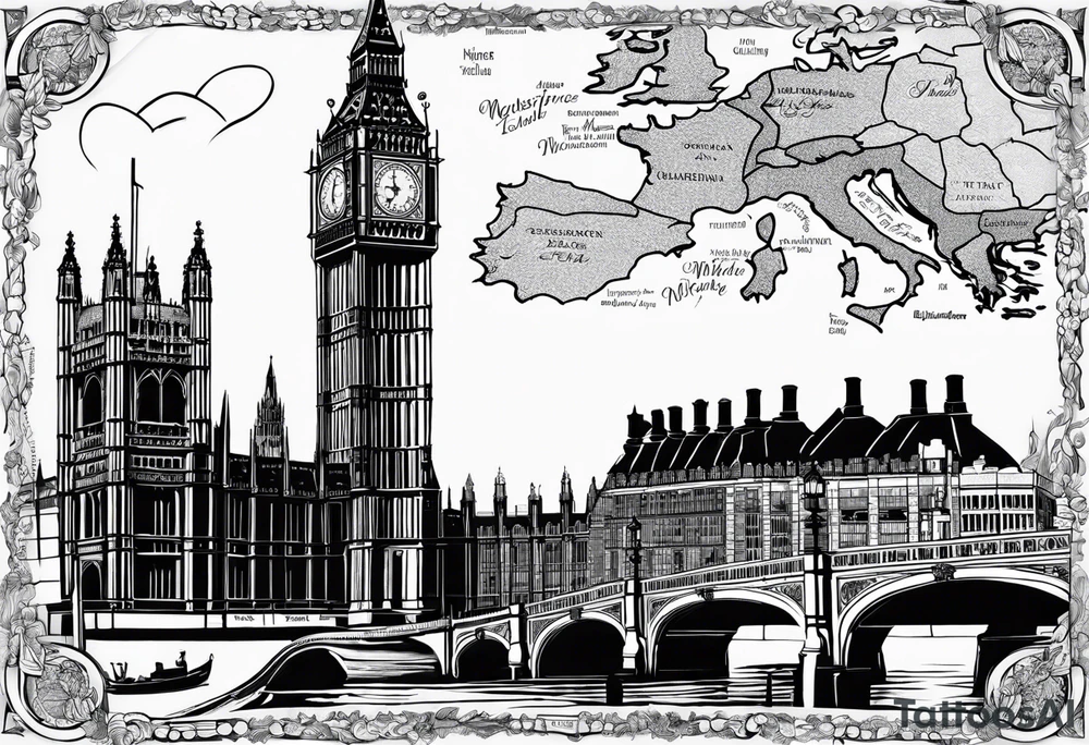 Map of England with Big Ben tattoo idea | TattoosAI