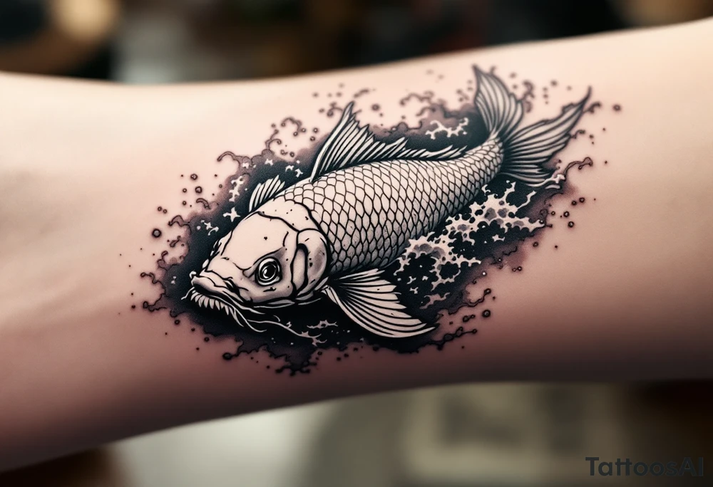 Traditional koi fish swimming upstream through turbulent waves tattoo ...