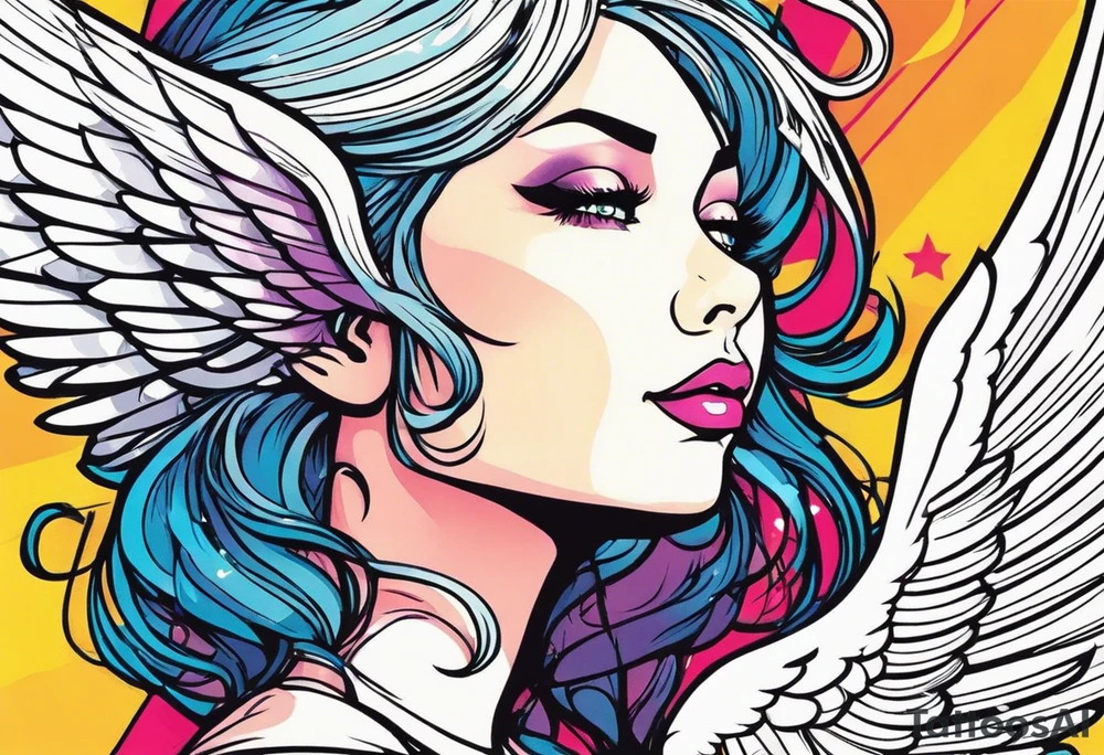 Comic book style art, girl angel side profile, with wings, with ...