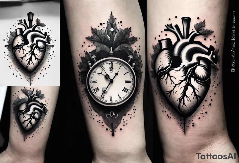 Anatomical heart with clock in middle. Clock hands on 8 and 5. Never ...