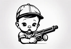 A baby holding a gun to his own head. tattoo idea | TattoosAI