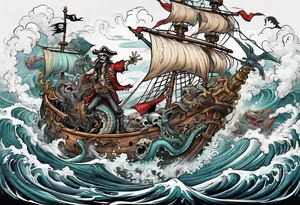 Skeleton pirates fighting a sea serpent tattoo idea | TattoosAI