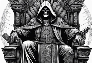 Grim reaper holing 2 desert eagles on a throne. tattoo idea | TattoosAI