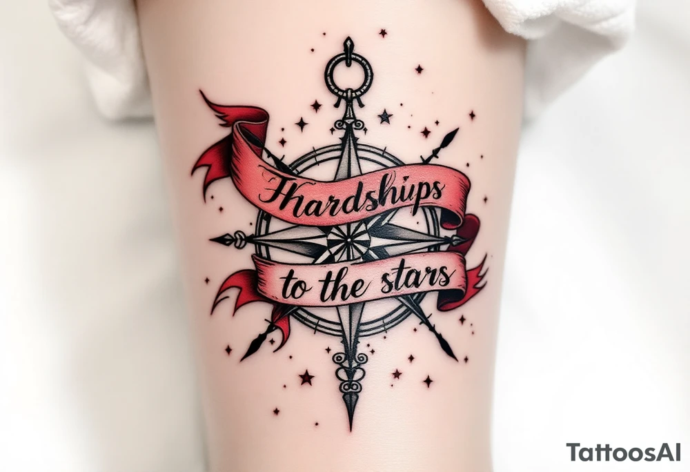 Wrapped in a crimson banner, the phrase “Through Hardships to the stars” winds around a black ...