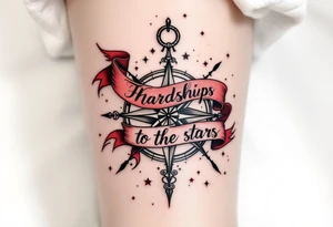 Wrapped in a crimson banner, the phrase “Through Hardships to the stars” winds around a black ...