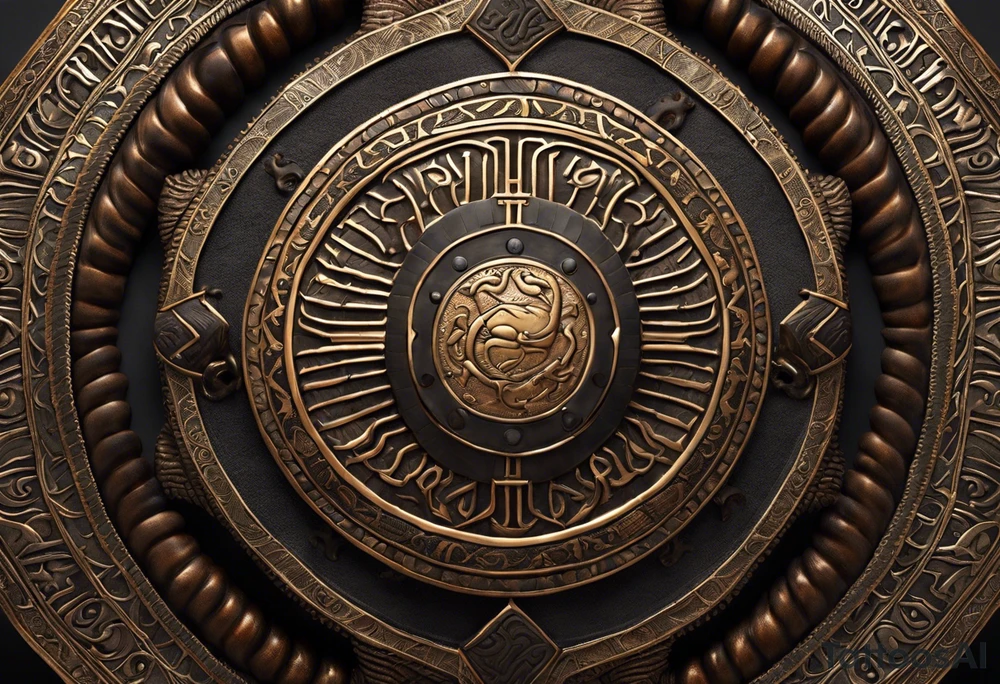 A shield with intricate patterns and engravings, adorned with coiled ...