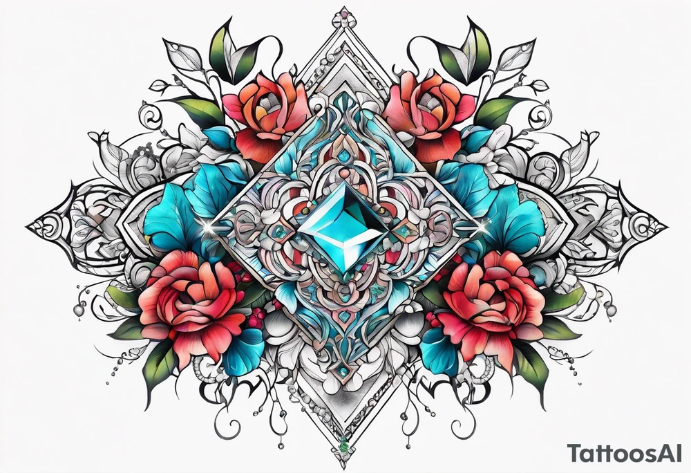 Ornaments of flowers with crystals chest piece tattoo idea | TattoosAI