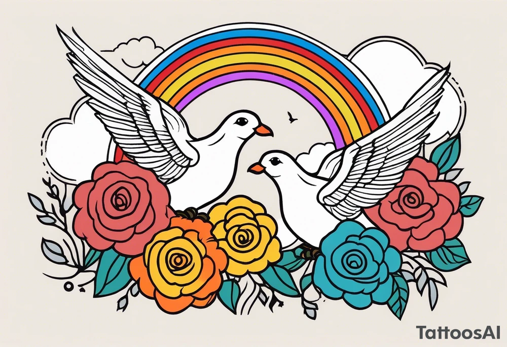 Rainbow in clouds with doves and vintage flowers old school vintage ...