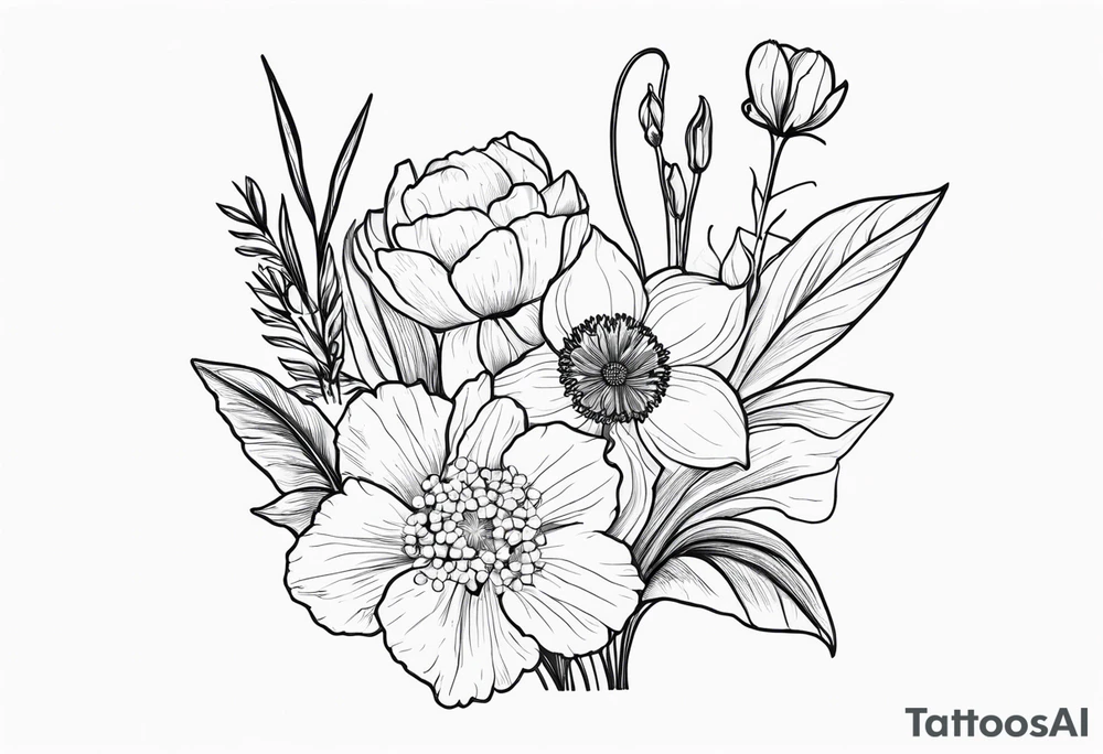 Small simple line Work full flower bouquet (show stems) with 1 daffodil ...