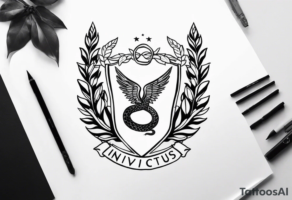 WING, SNAKE, LAUREL WREATH AND THE WORD INVICTUS tattoo idea | TattoosAI