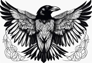 Crow with open wings, only line drawing, geometric, symmetrical ...