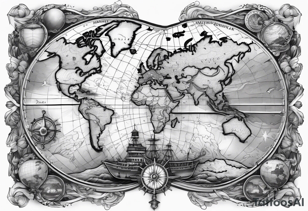 Nautical map with oceanography for an arm sleeve tattoo idea | TattoosAI