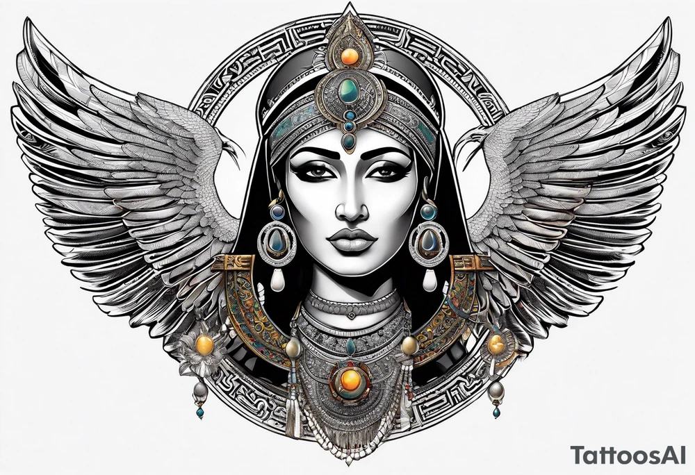 Isis (top center): With wings and the sun disc on her head, holding the ...