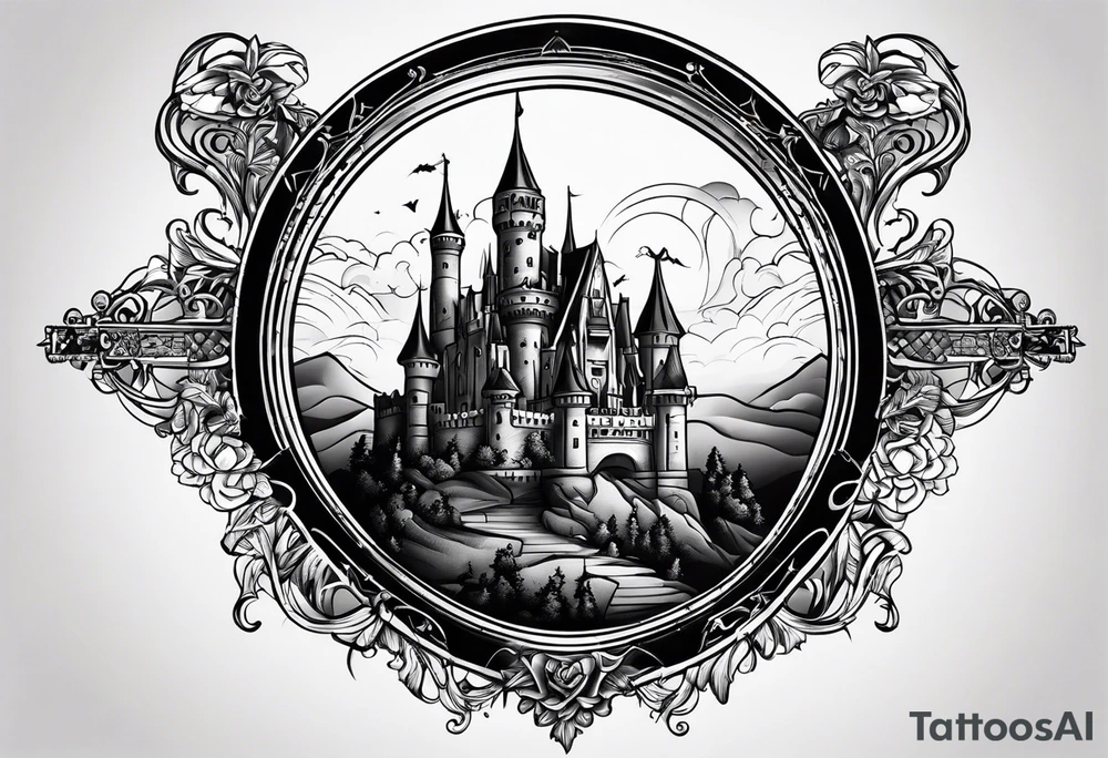 Cyber sigilism tatto with gothic castle tattoo idea | TattoosAI