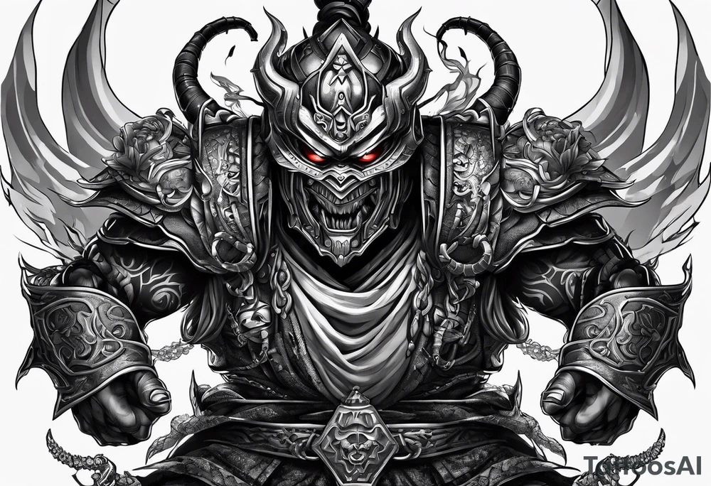 Angry robot demon ninja with demon mask face tattoo idea | TattoosAI