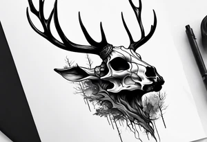 A side profile of decayed deer skull in a forest fire tattoo idea ...