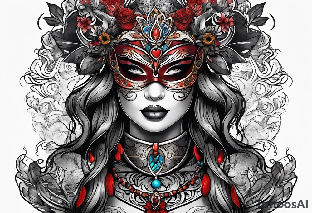 Masked woman tattoo idea | TattoosAI