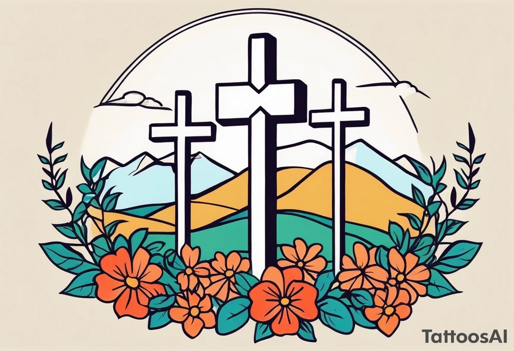 Three crosses on hill vintage flowers old school vintage simple ...