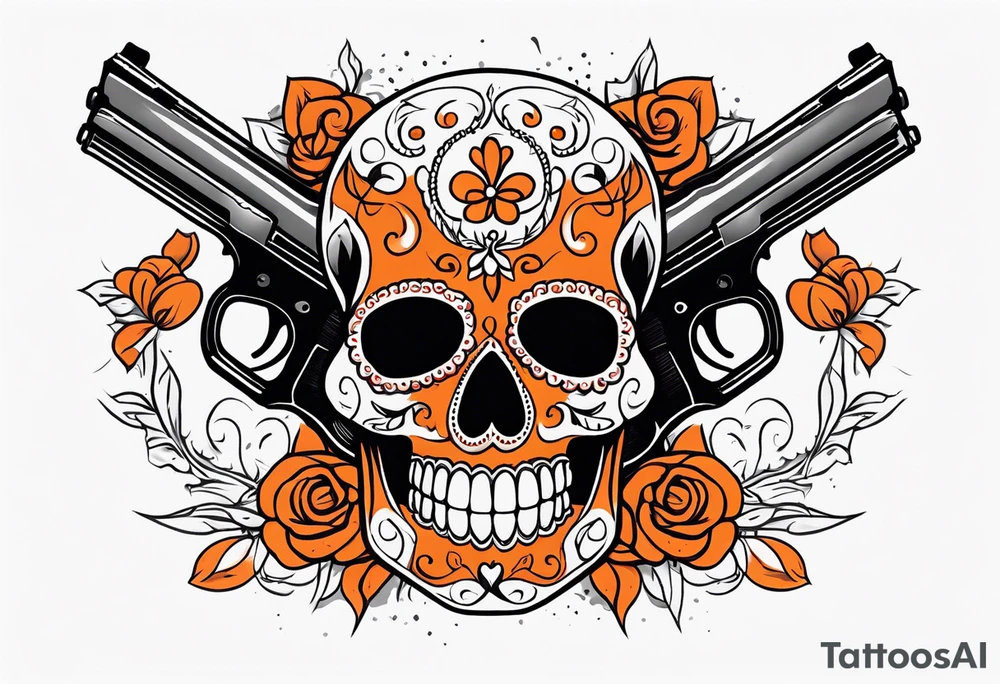 Orange Sugar skull with guns that are orange and red with smoke around ...