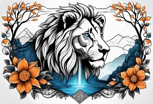 Lion tattoo with blue eyes, Orange tree of life with a stream leading ...