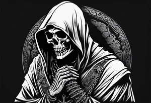 The grim reaper standing from a side profile praying with a rosary ...