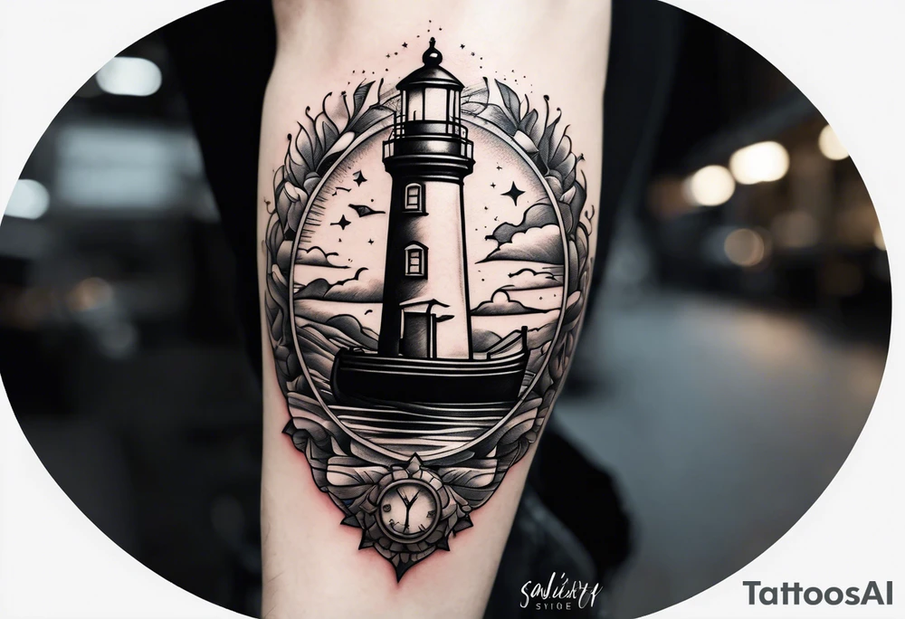 Lighthouse shining light onto open book to wrap around forearm tattoo ...