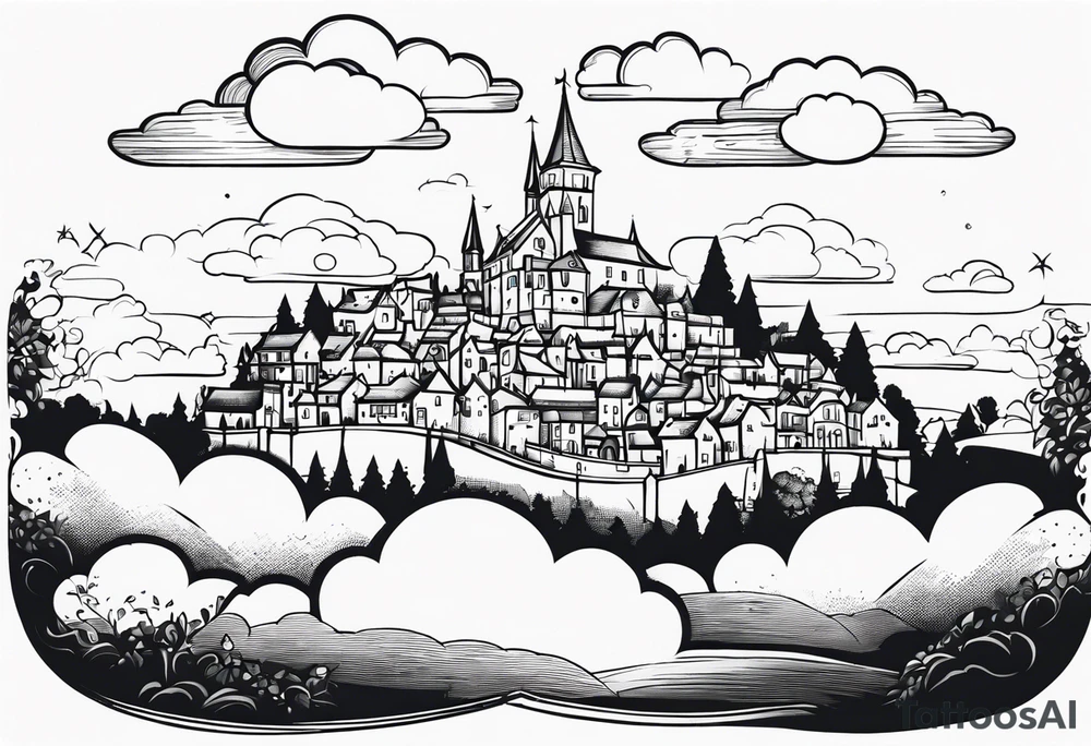 Cloud medieval town tattoo idea | TattoosAI