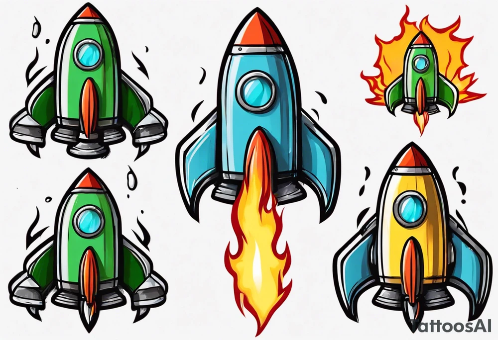Super simple cartoon rocket ship with a round window, 3 fins, and fire ...