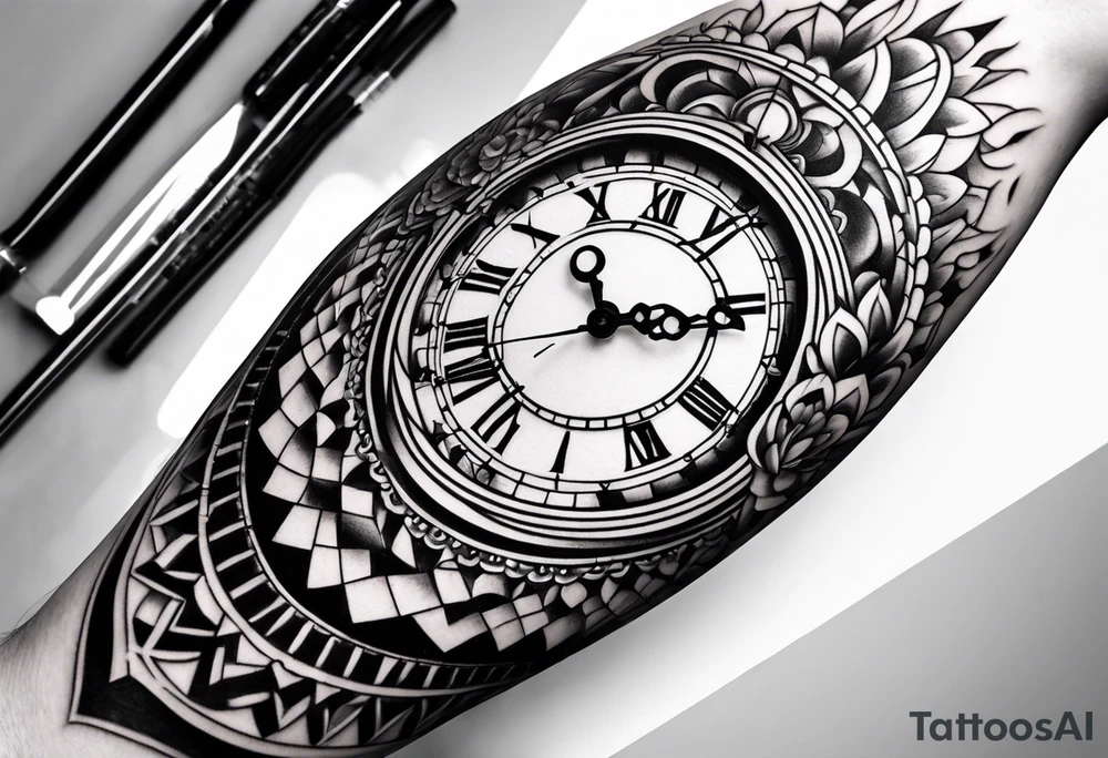 Forearm sleeve, clock, stairs tattoo idea | TattoosAI