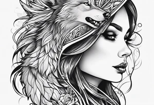 Wolf's and woman's head split in half tattoo idea | TattoosAI