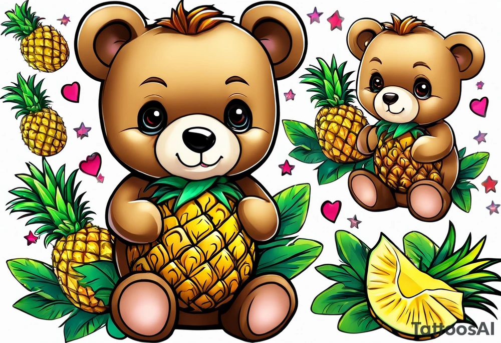 Teddy bear loves pineapple tattoo idea | TattoosAI