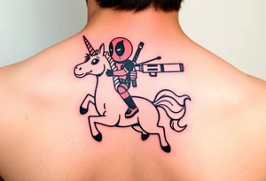 Deadpool riding cartoon unicorn holding rocket propelled grenade ...