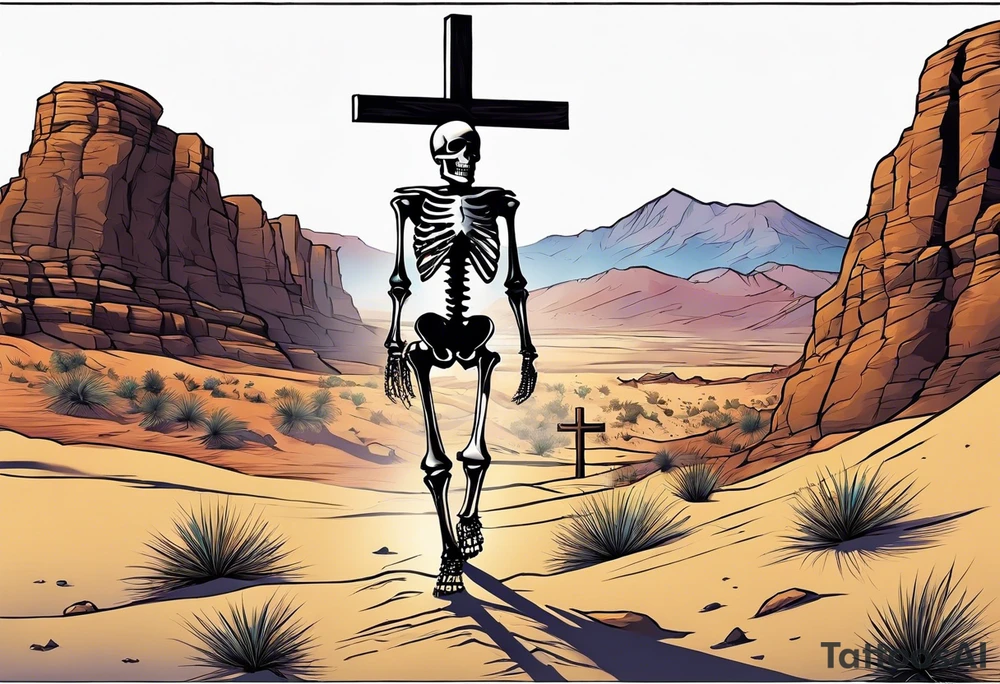 Skeleton walking towards a cross in a desert tattoo idea | TattoosAI