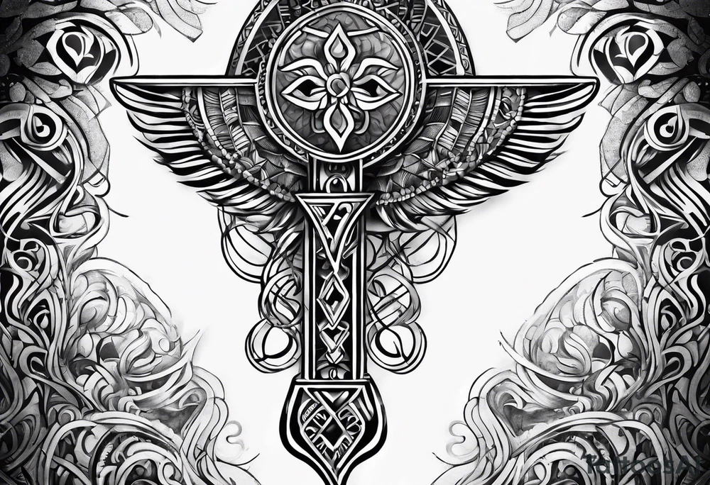ankh mixed tribal whole arm tattoo idea | TattoosAI