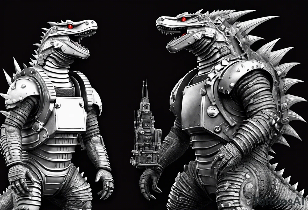 1974 mechagodzilla, full body, roaring tattoo idea | TattoosAI