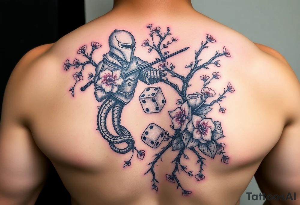Knight and squid intertwined with climbing roses and tree roots with ...