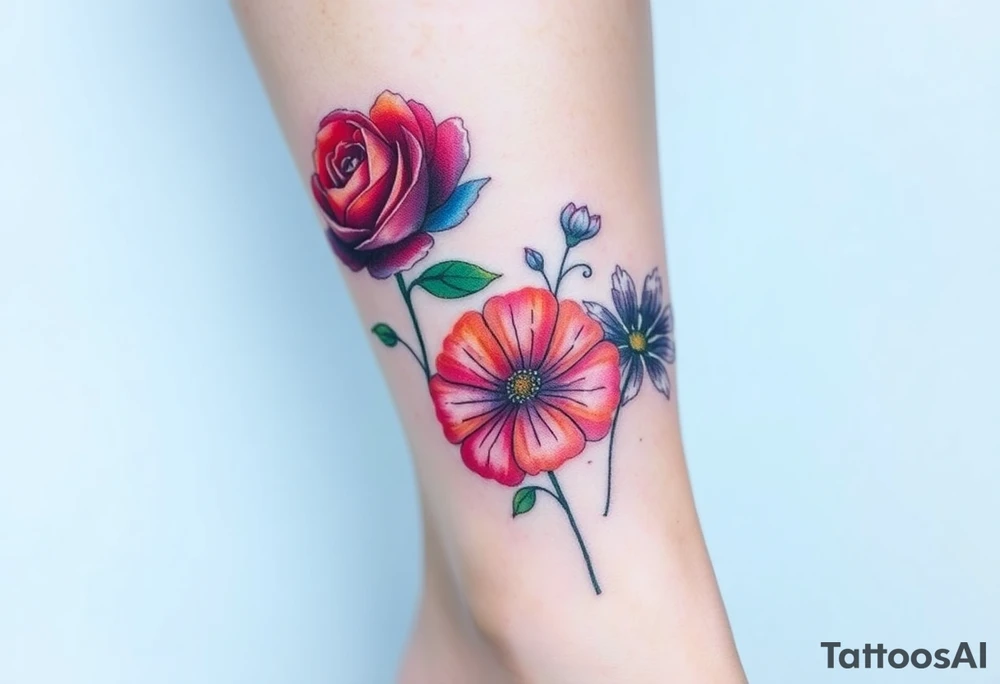 A vibrant, watercolor tattoo with one rose, one lily, one marigold, and ...