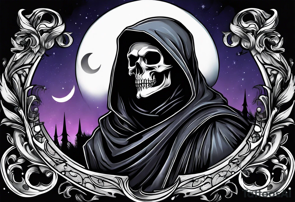 Grim reaper with moon behind cloak tattoo idea | TattoosAI