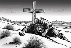 Man crawling in a desert toward the cross of Christ tattoo idea | TattoosAI