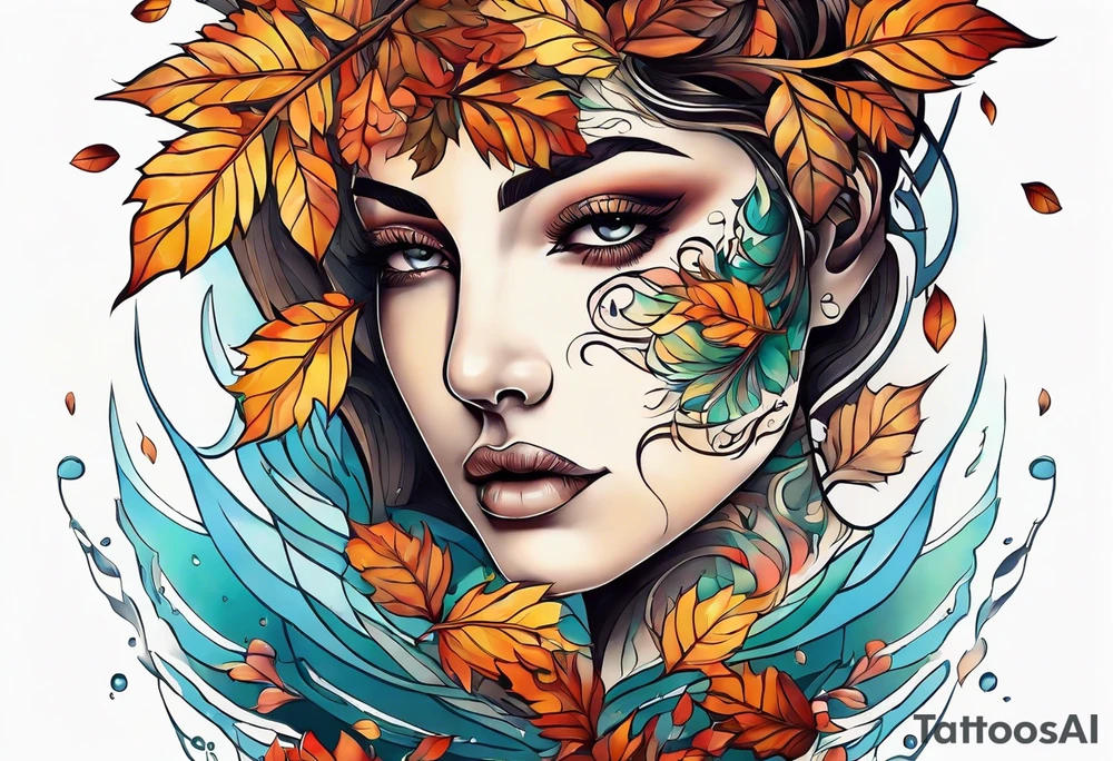 Knee tattoo with fall colors showing leaves, flowers, water flow and ...