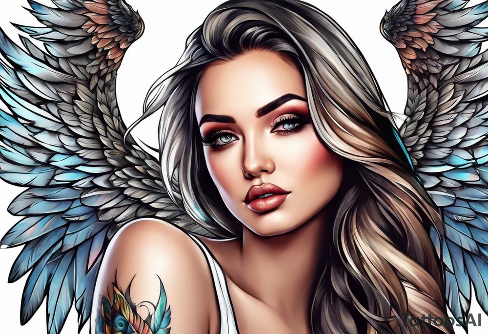 Beautiful woman angle with large wings tattoo idea | TattoosAI