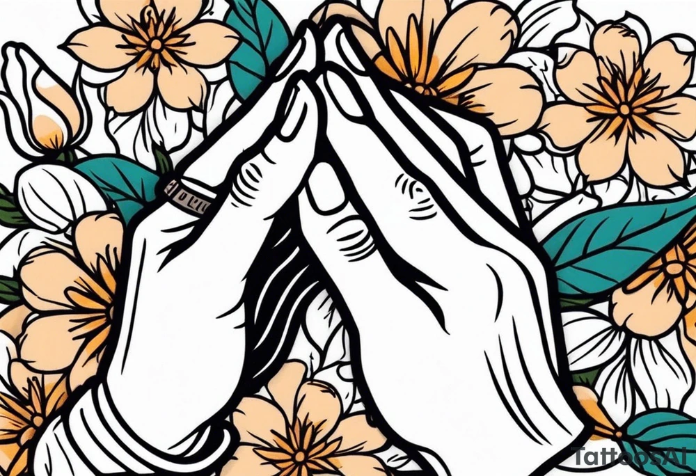 Praying hands old school vintage simple traditional design with vintage flowers surrounding bold ...