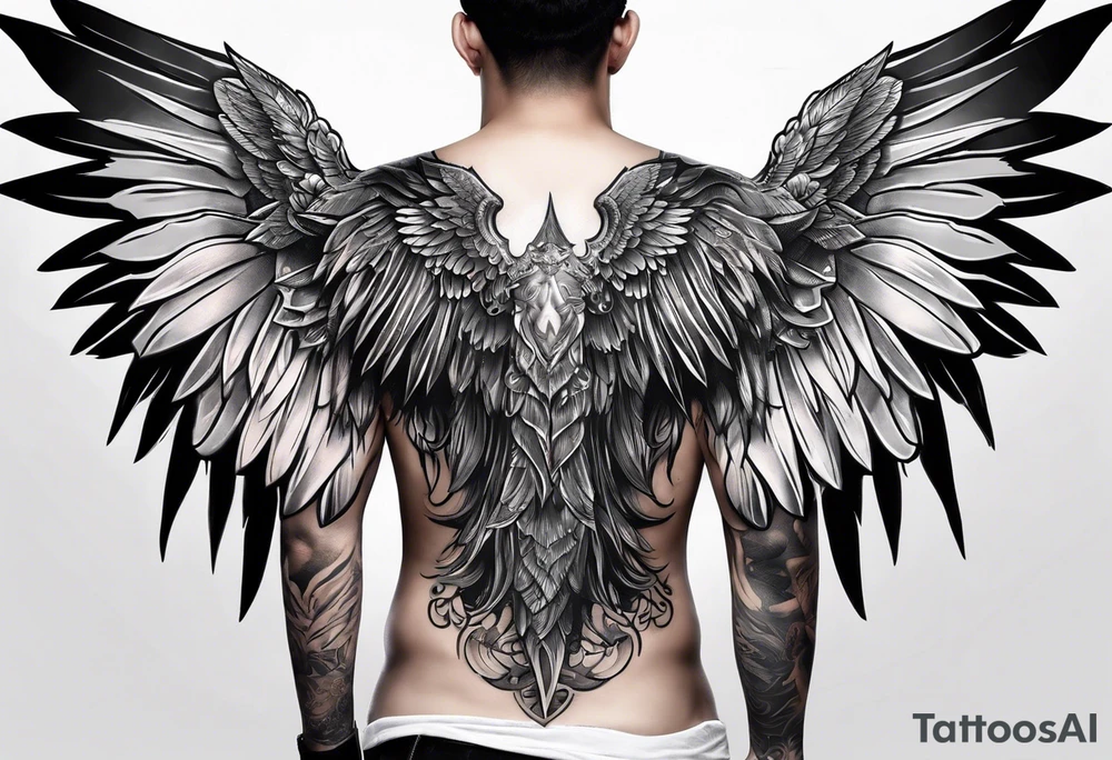 Back tattoo with one angel wing and one devil wing tattoo idea | TattoosAI