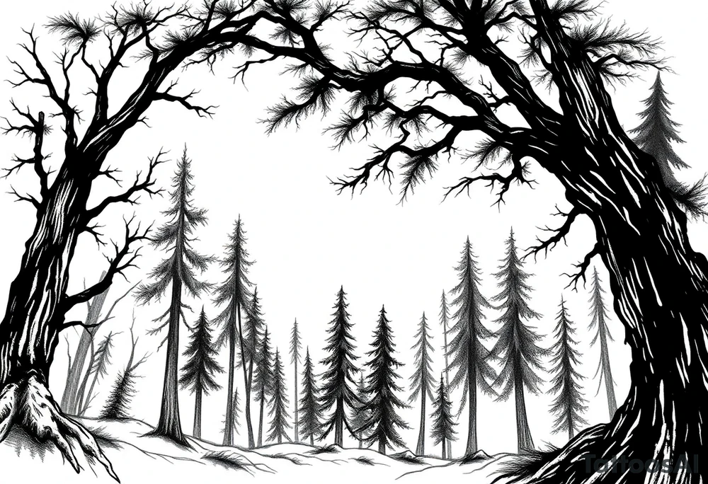 Needle forest with black and gray trees tattoo idea | TattoosAI