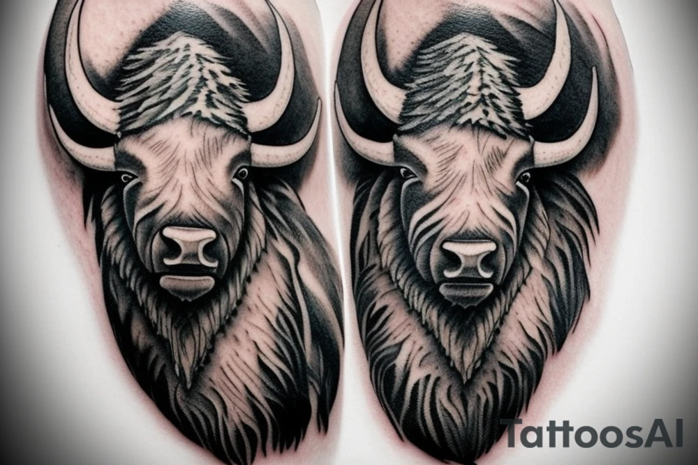 A realistic bison head tattoo on the forearm, surrounded by traditional ...