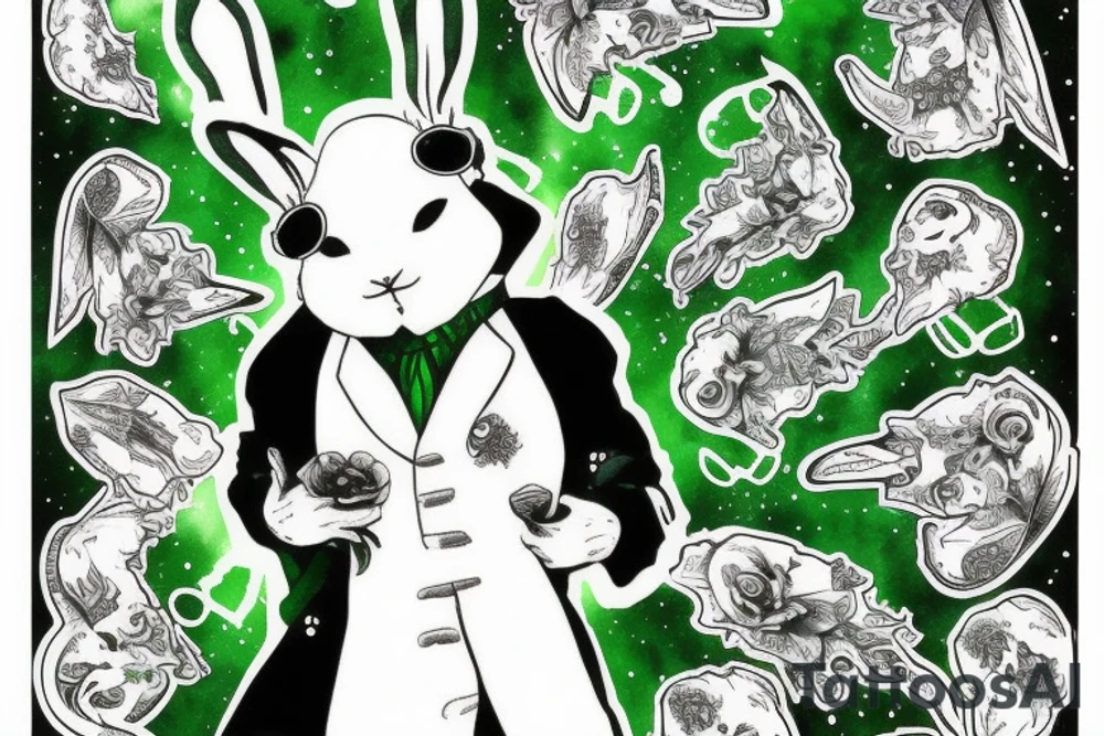White rabbit and matrix screen green symbols tattoo idea | TattoosAI